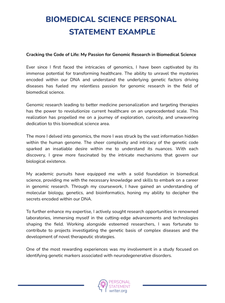 Top Biomedical Science Personal Statement by Practiced Writer