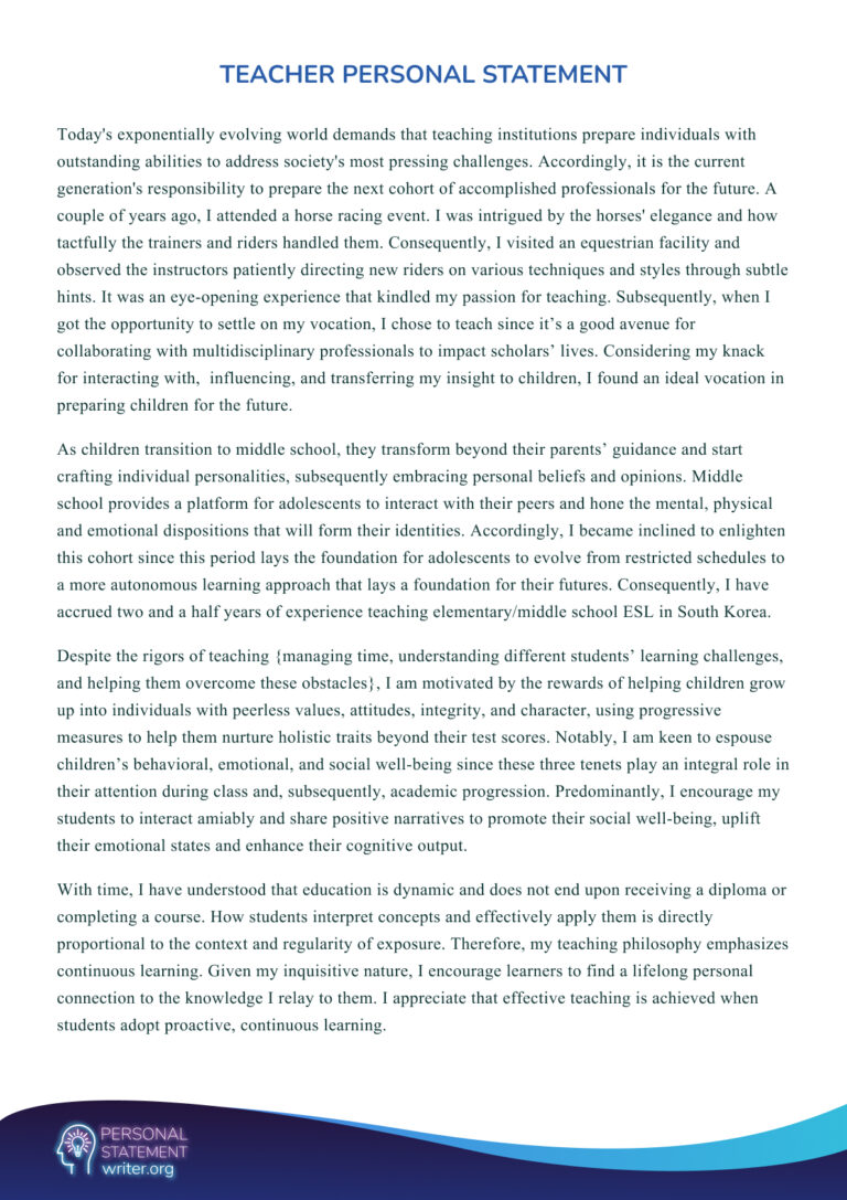 Catchy Teaching Personal Statement – 100% Personalized Help